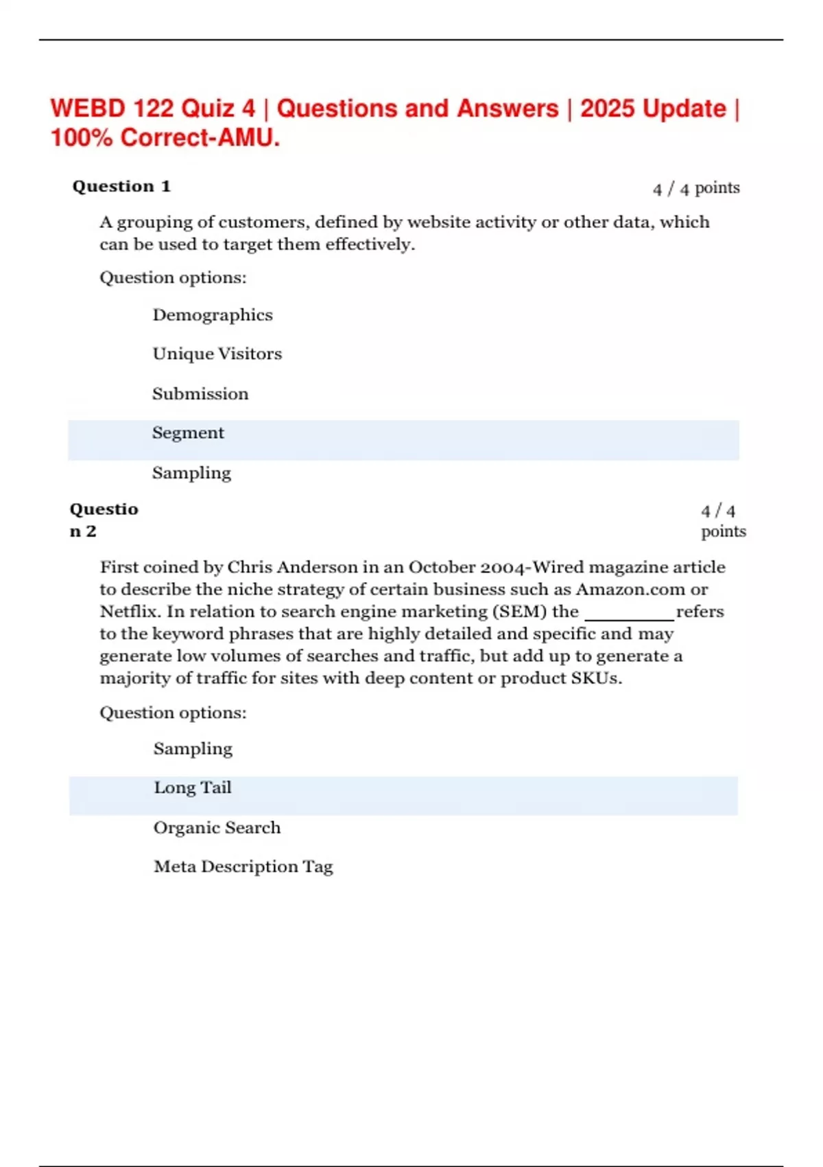 WEBD 122 Quiz 4 | Questions and Answers | 2025 Update | 100% Correct-AMU. - WEBD 122 - Stuvia US