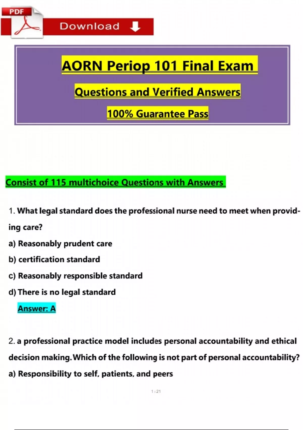AORN Periop 101 Final Exam (80% to pass!) Questions with Revised ...