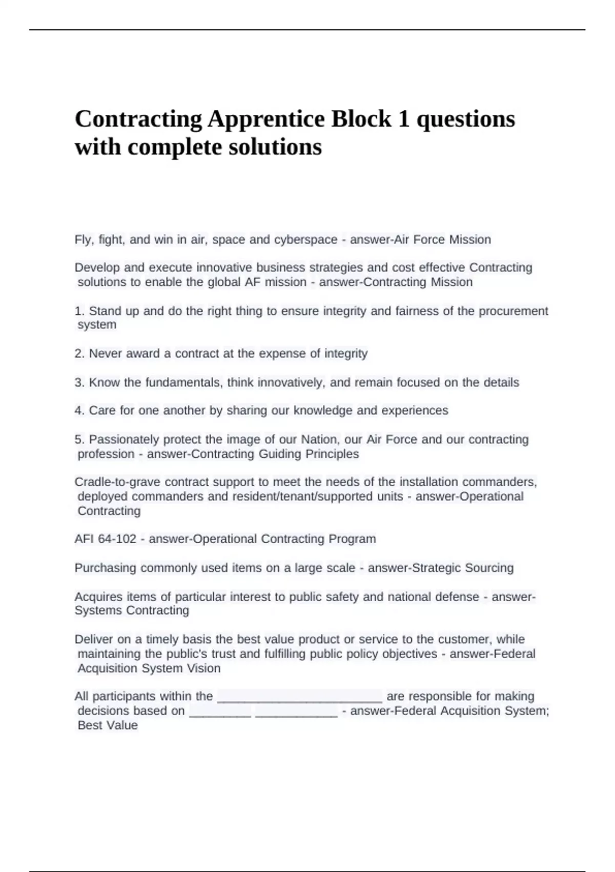 Contracting Apprentice Block 1 questions with complete solutions - USAF ...