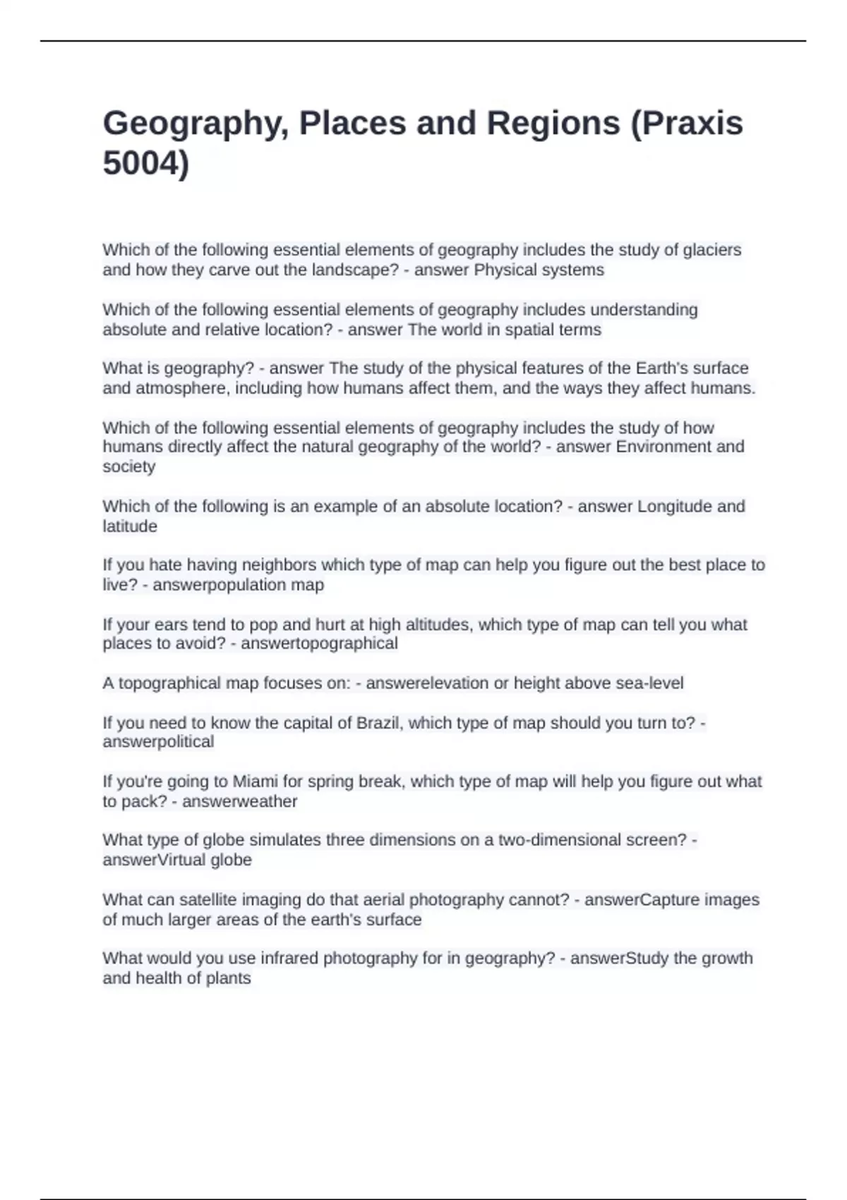 Geography, Places and Regions (Praxis 5004) Questions and Answers 100% ...