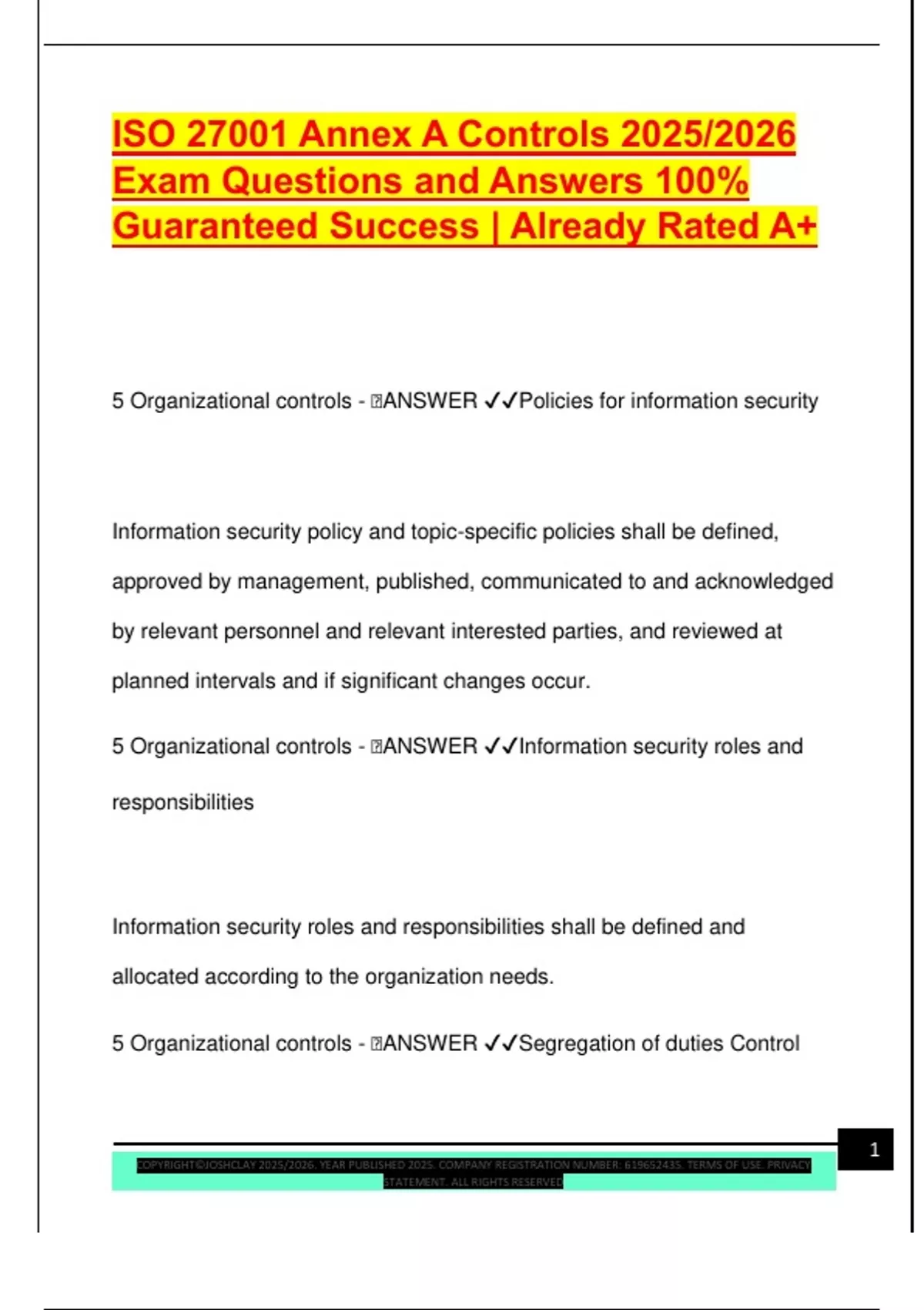 ISO 27001 Annex A Controls 2025/2026 Exam Questions and Answers 100% ...