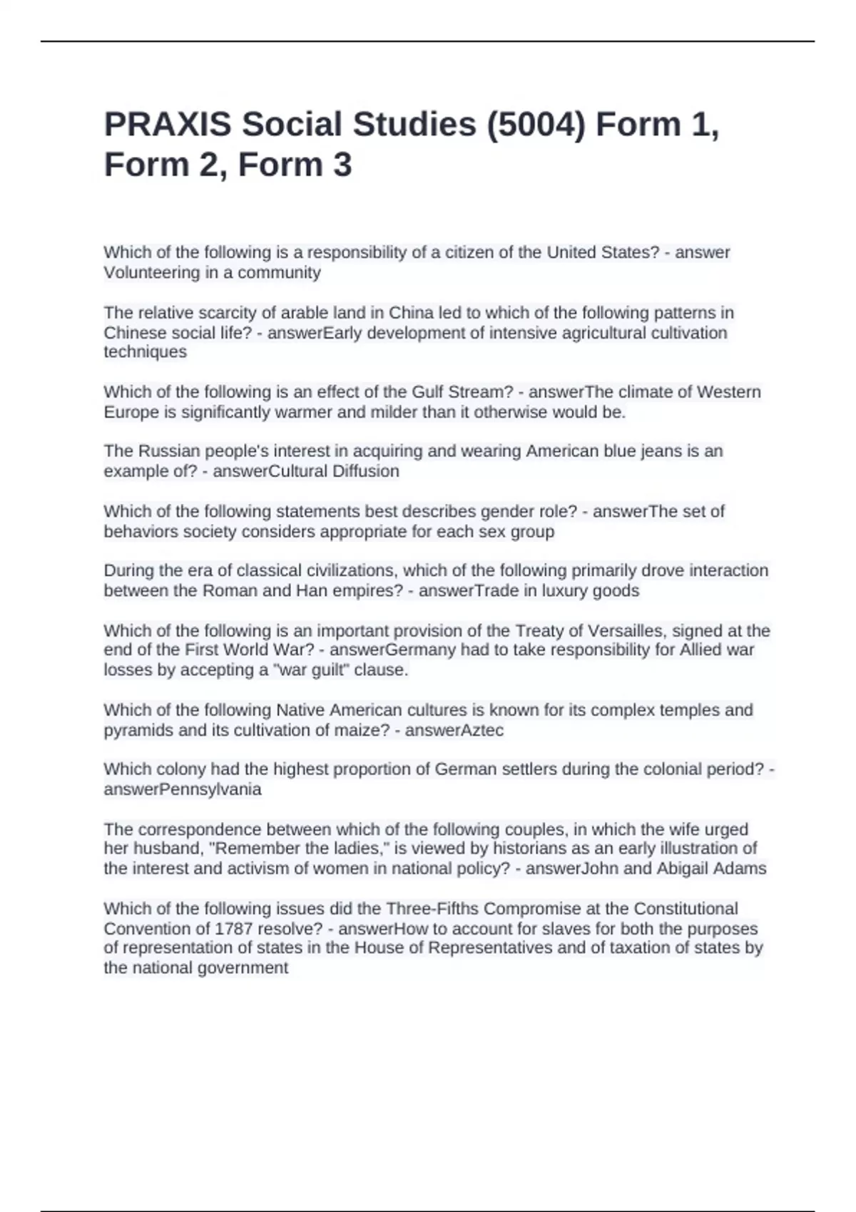 PRAXIS Social Studies (5004) Form 1, Form 2, Form 3 Questions with ...