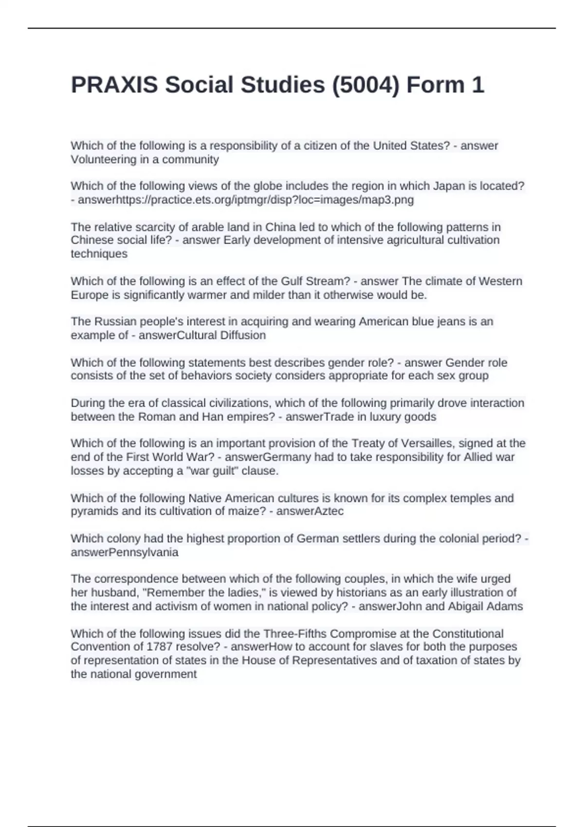 PRAXIS Social Studies (5004) Form 1 Quest5ions with Correct Answers ...