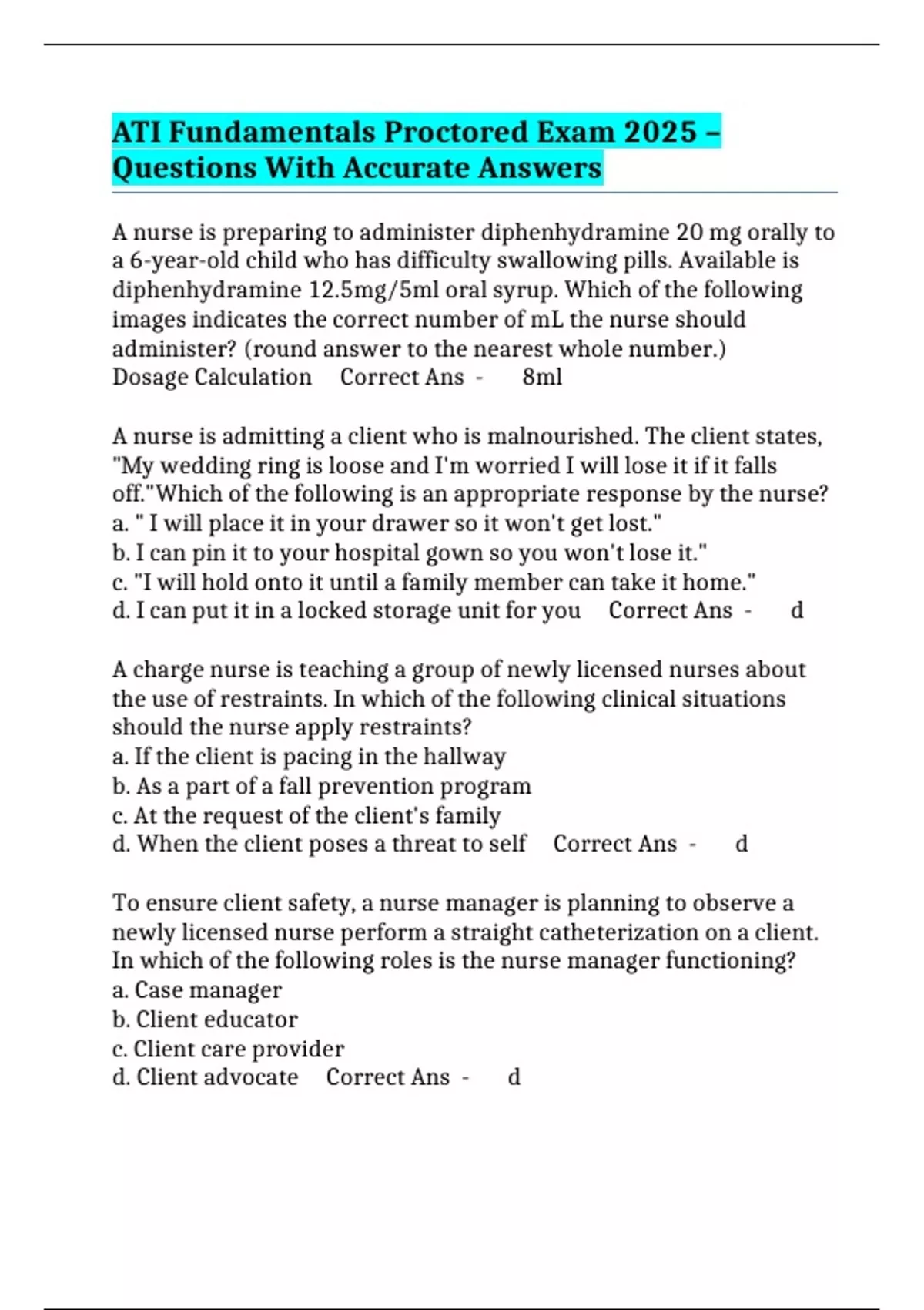 ATI Fundamentals Proctored Exam 2025 – Questions With Accurate Answers ...