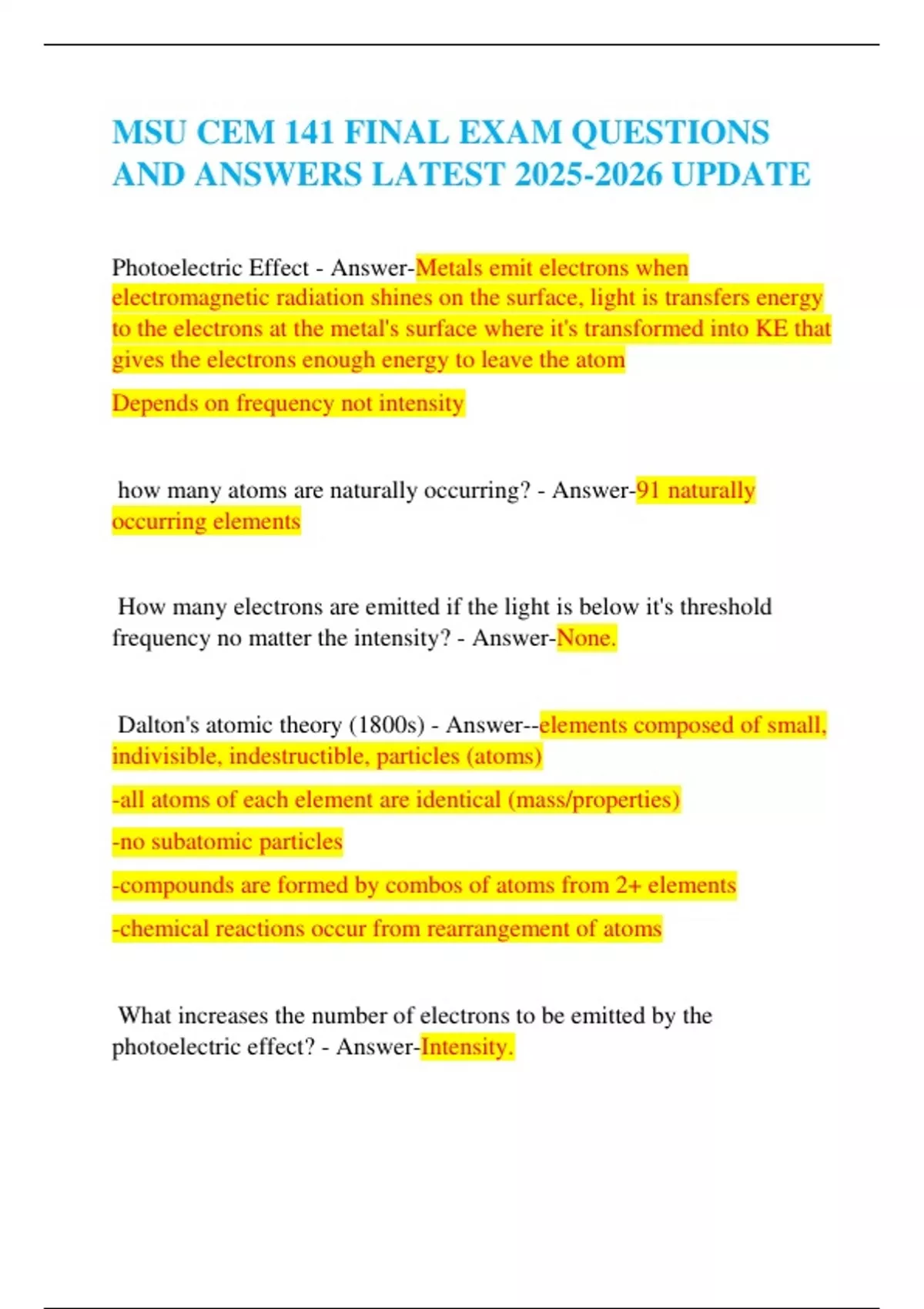 MSU CEM 141 FINAL EXAM QUESTIONS AND ANSWERS LATEST UPDATE - MSU CEM ...
