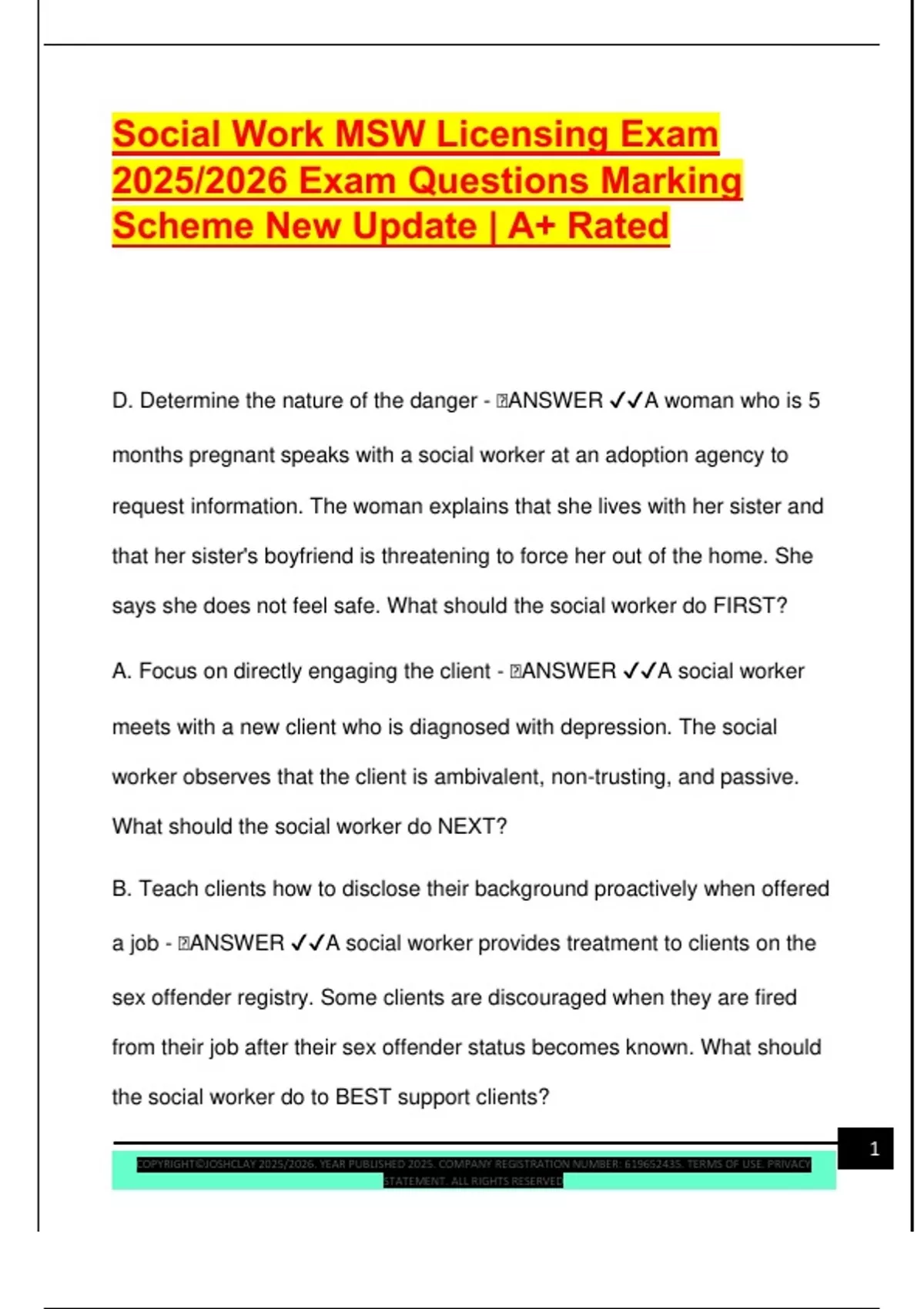 Social Work MSW Licensing Exam 2025/2026 Exam Questions Marking Scheme ...