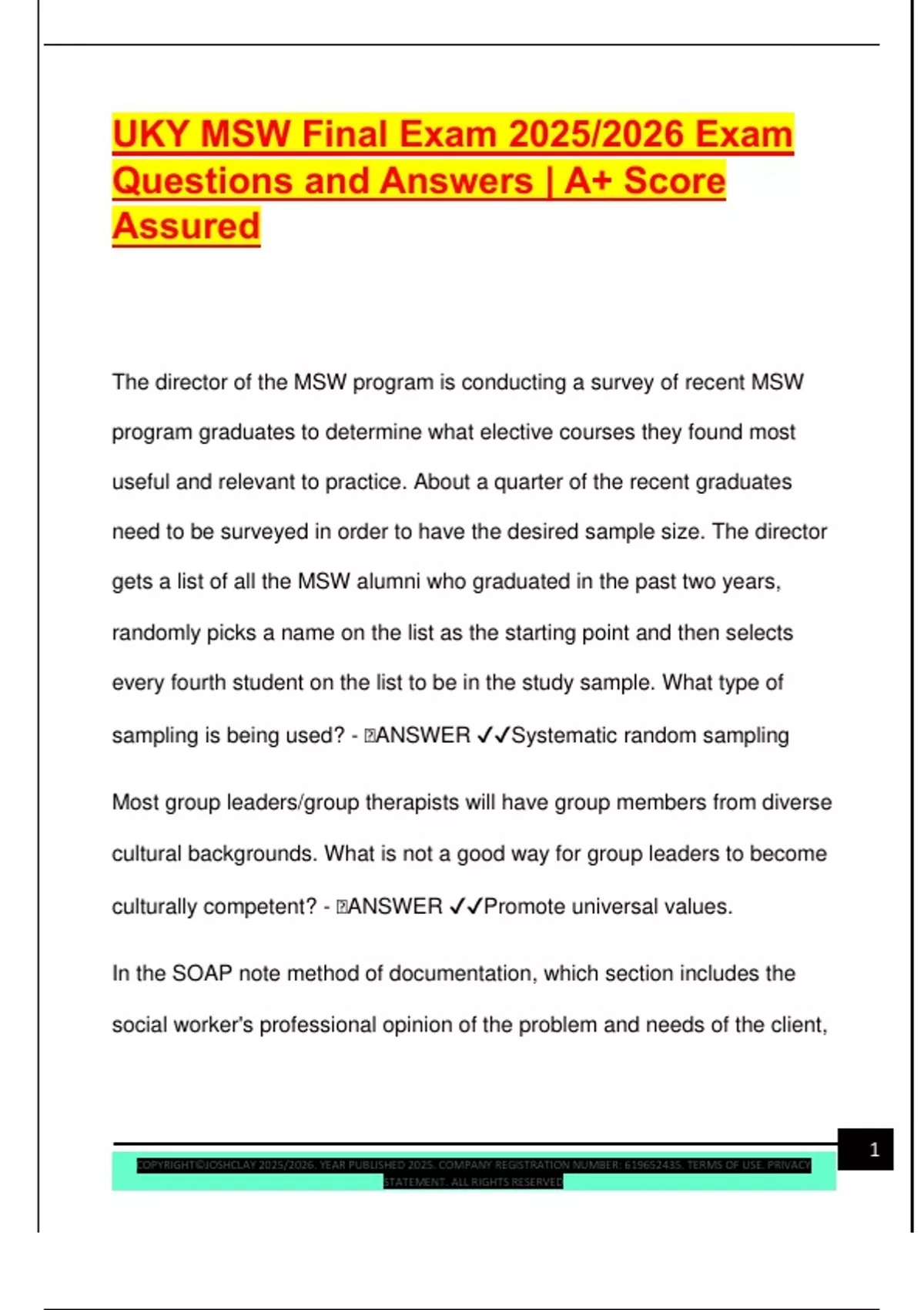 UKY MSW Final Exam 2025/2026 Exam Questions and Answers | A+ Score ...