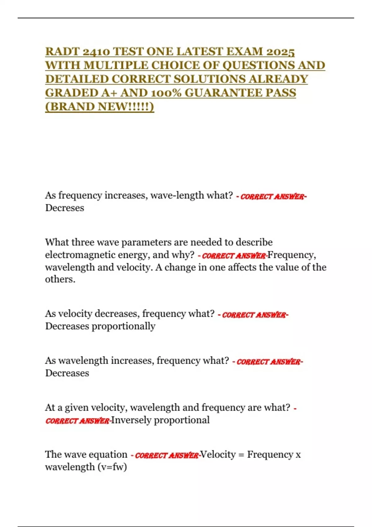 RADT 2410 TEST ONE LATEST EXAM 2025 WITH MULTIPLE CHOICE OF QUESTIONS ...