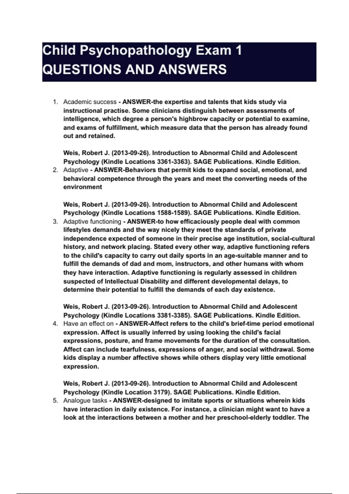 CHILD AND ADOLESCENT PATHOLOGY QUESTIONS AND ANSWERS - Stuvia US