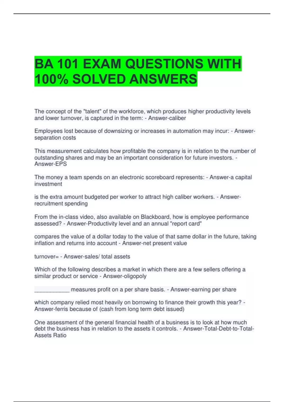 BA 101 EXAM QUESTIONS WITH 100% SOLVED ANSWERS - BA 101 - Stuvia US