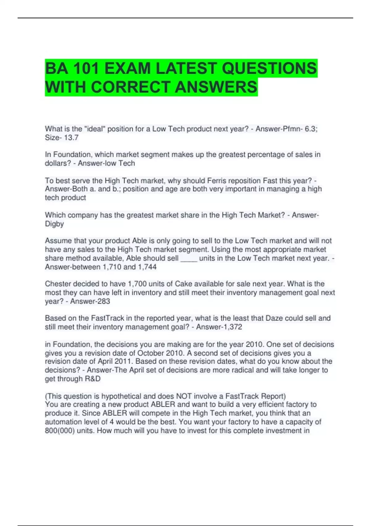 BA 101 EXAM LATEST QUESTIONS WITH CORRECT ANSWERS - BA 101 - Stuvia US