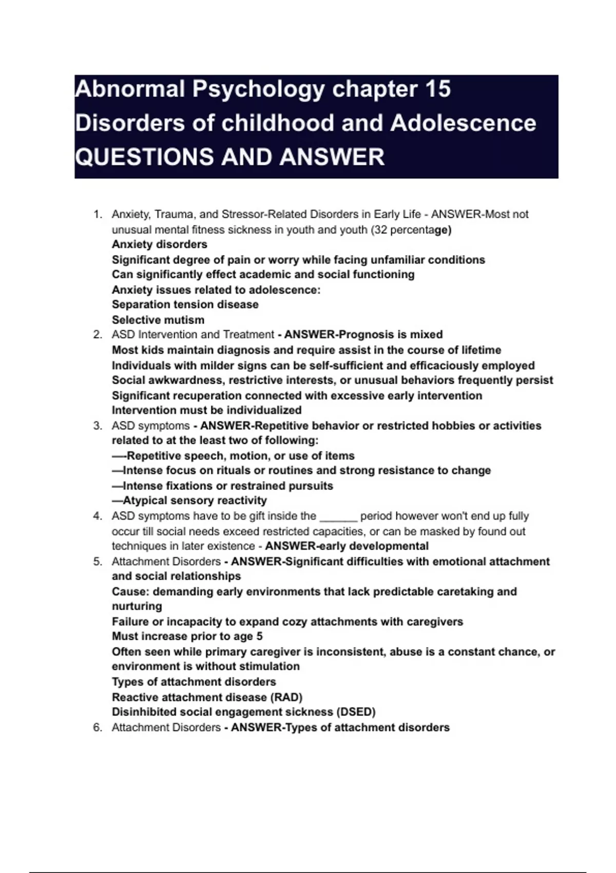 Abnormal Psychology chapter 15 Disorders of childhood and Adolescence QUESTIONS AND ANSWER ...