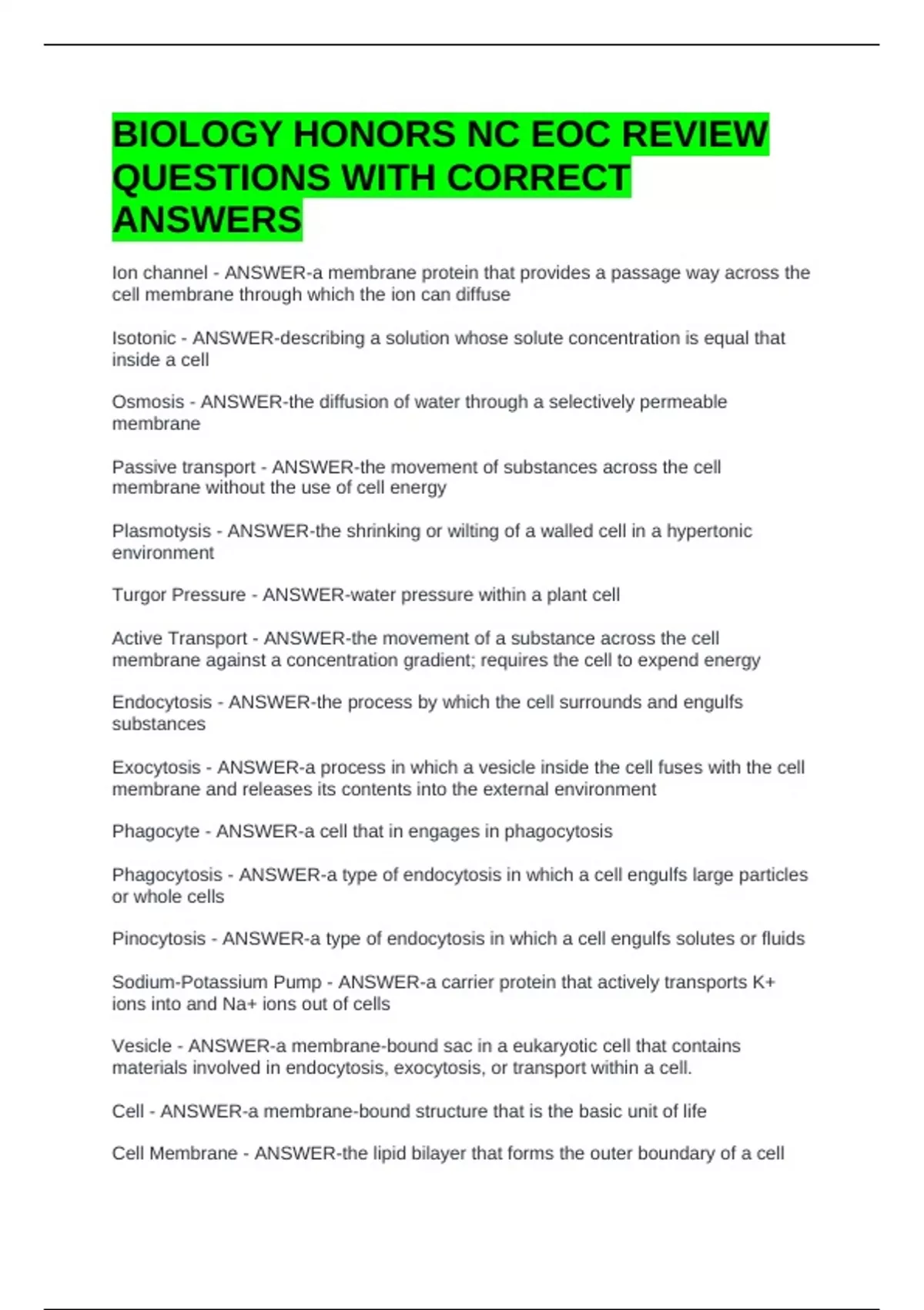 BIOLOGY HONORS NC EOC REVIEW QUESTIONS WITH CORRECT ANSWERS - Biology ...
