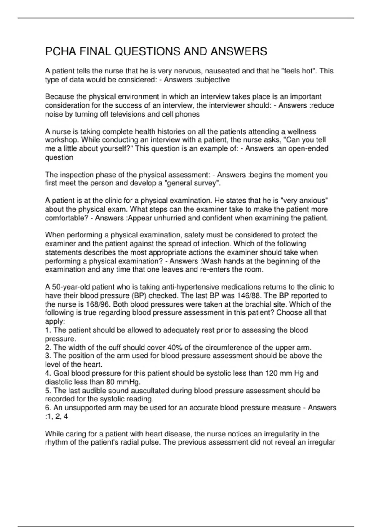 PCHA FINAL QUESTIONS AND ANSWERS - PCHA - Stuvia UK