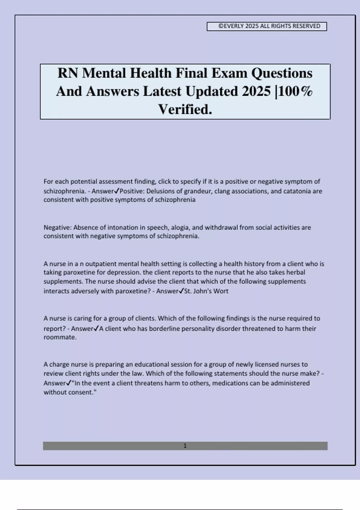 MENTAL HEALTH BUNDLED EXAMS | QUESTIONS AND CORRECT ANSWERS | LATEST ...