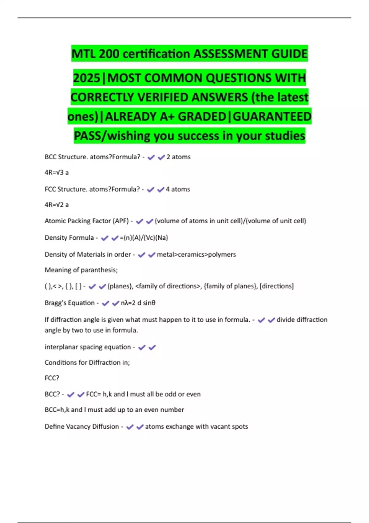 ENTIRE MTL 200 ASSESSMENT GUIDE FOR 2025 PACKAGE - Stuvia US