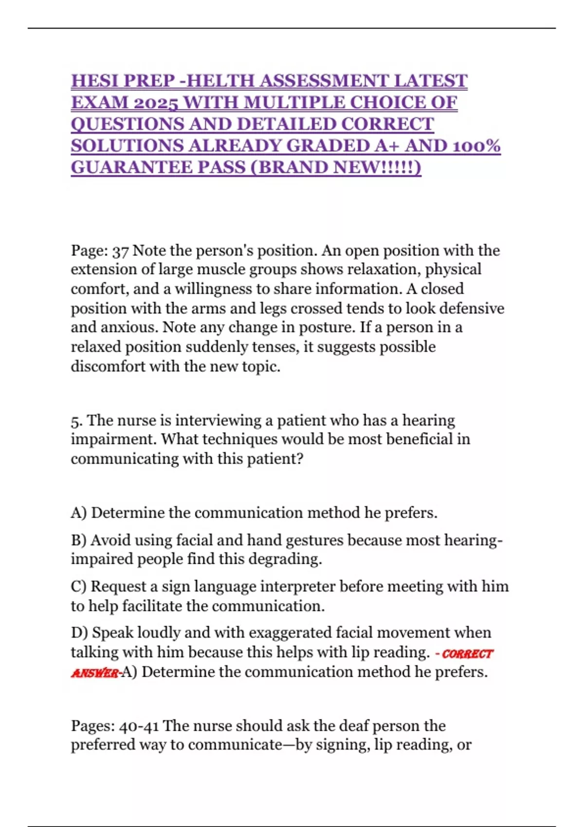 HESI PREP -HELTH ASSESSMENT LATEST EXAM 2025 WITH MULTIPLE CHOICE OF ...