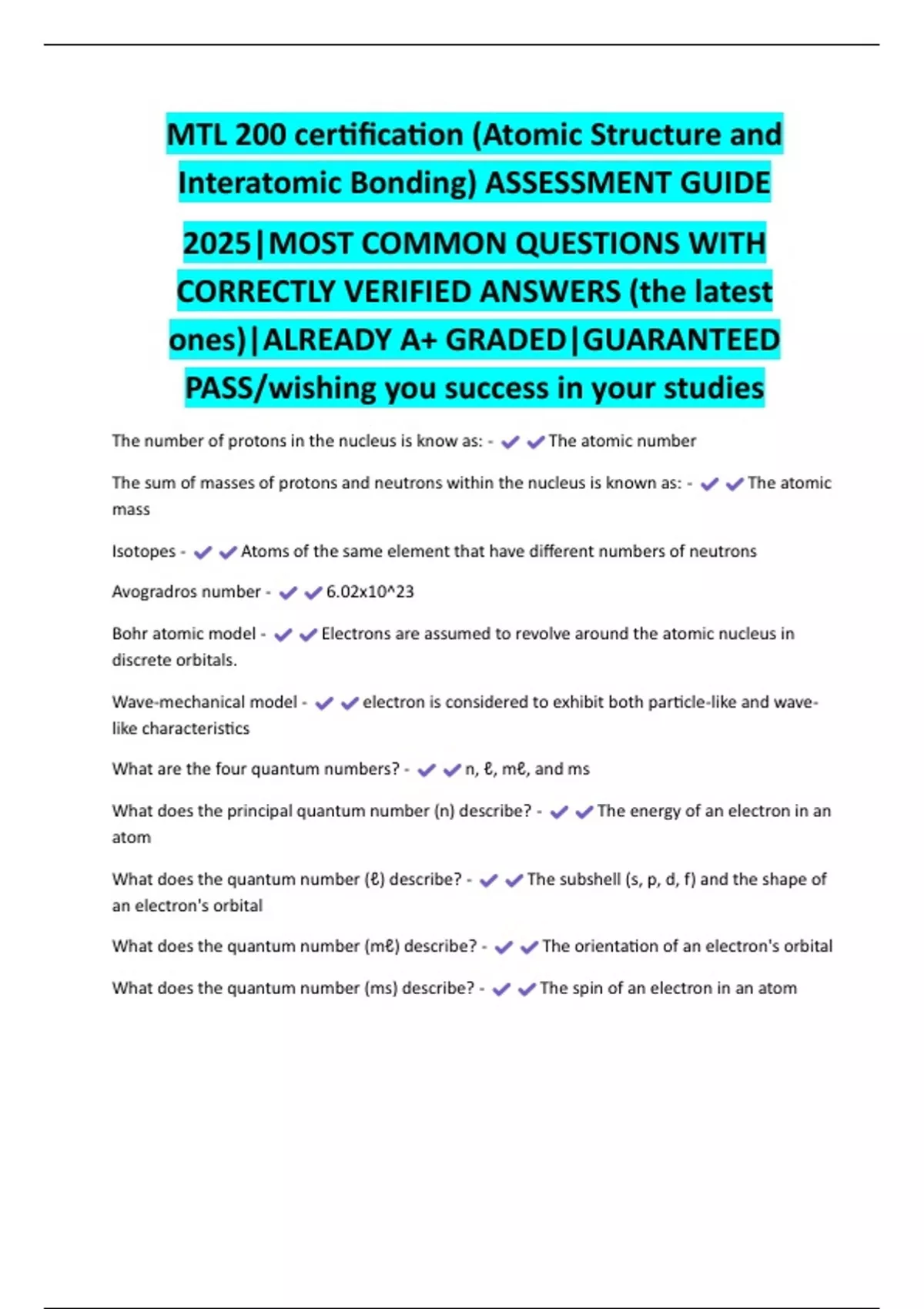 MTL 200 certification (Atomic Structure and Interatomic Bonding) ASSESSMENT GUIDE 2025|MOST ...