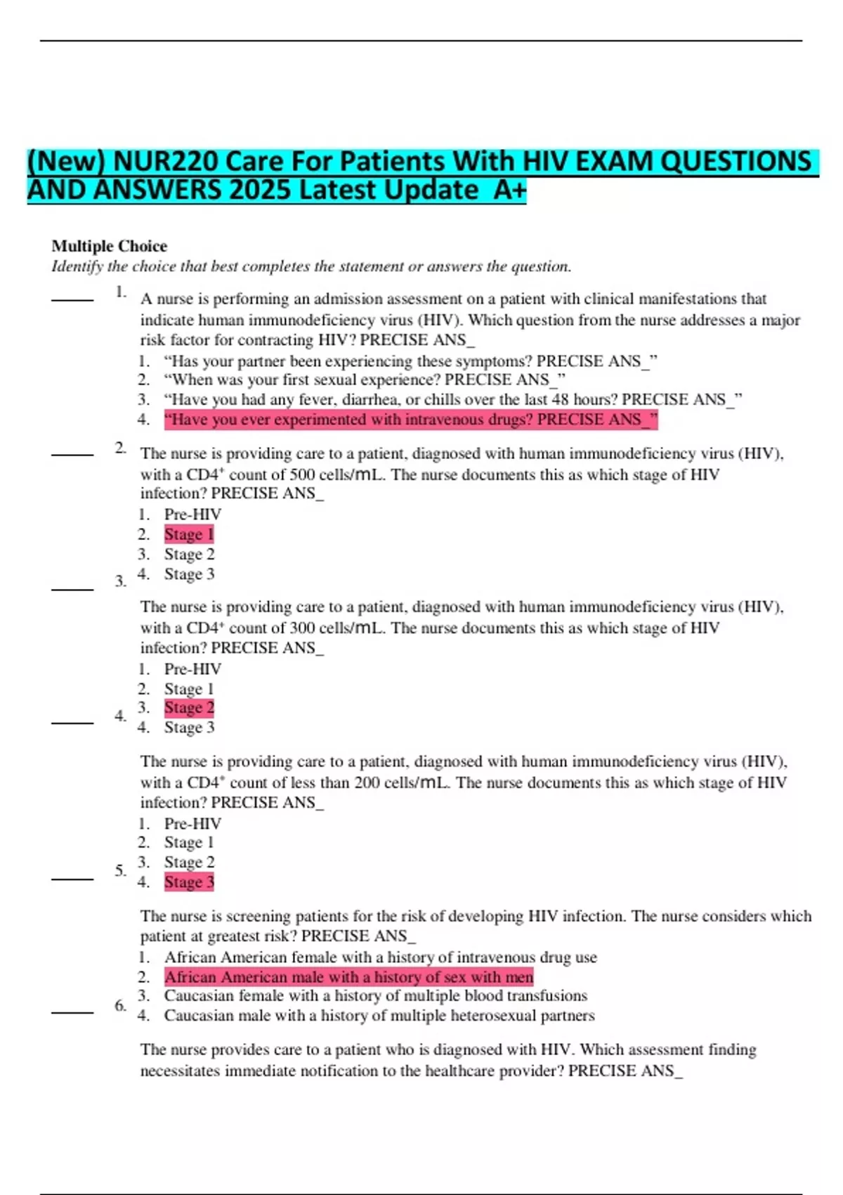 (New) NUR220 Care For Patients With HIV EXAM QUESTIONS AND ANSWERS 2025 ...