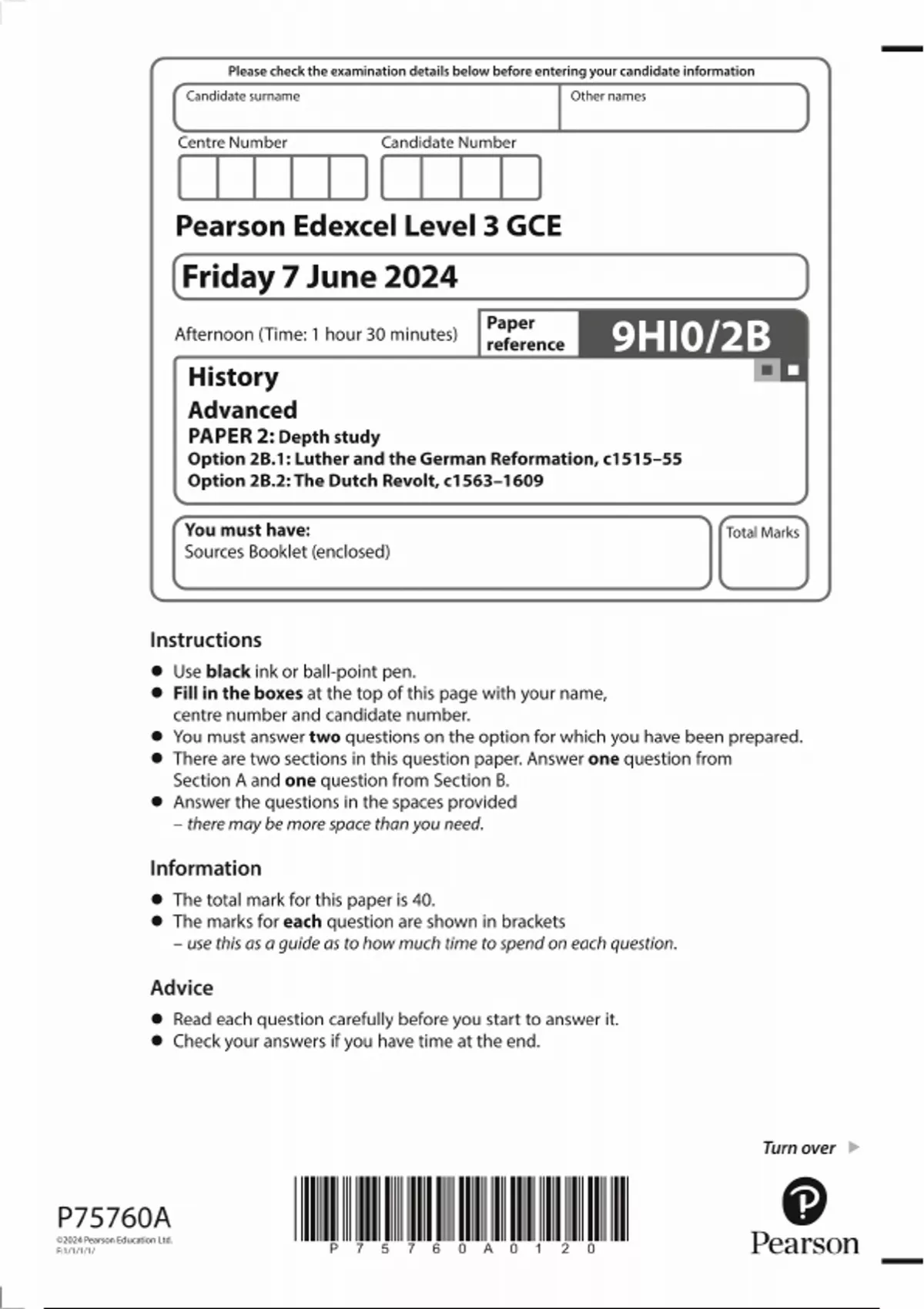 2024 Pearson Edexcel A Level 3 GCE History Paper 2 QUE (9HI0/2B: Depth ...