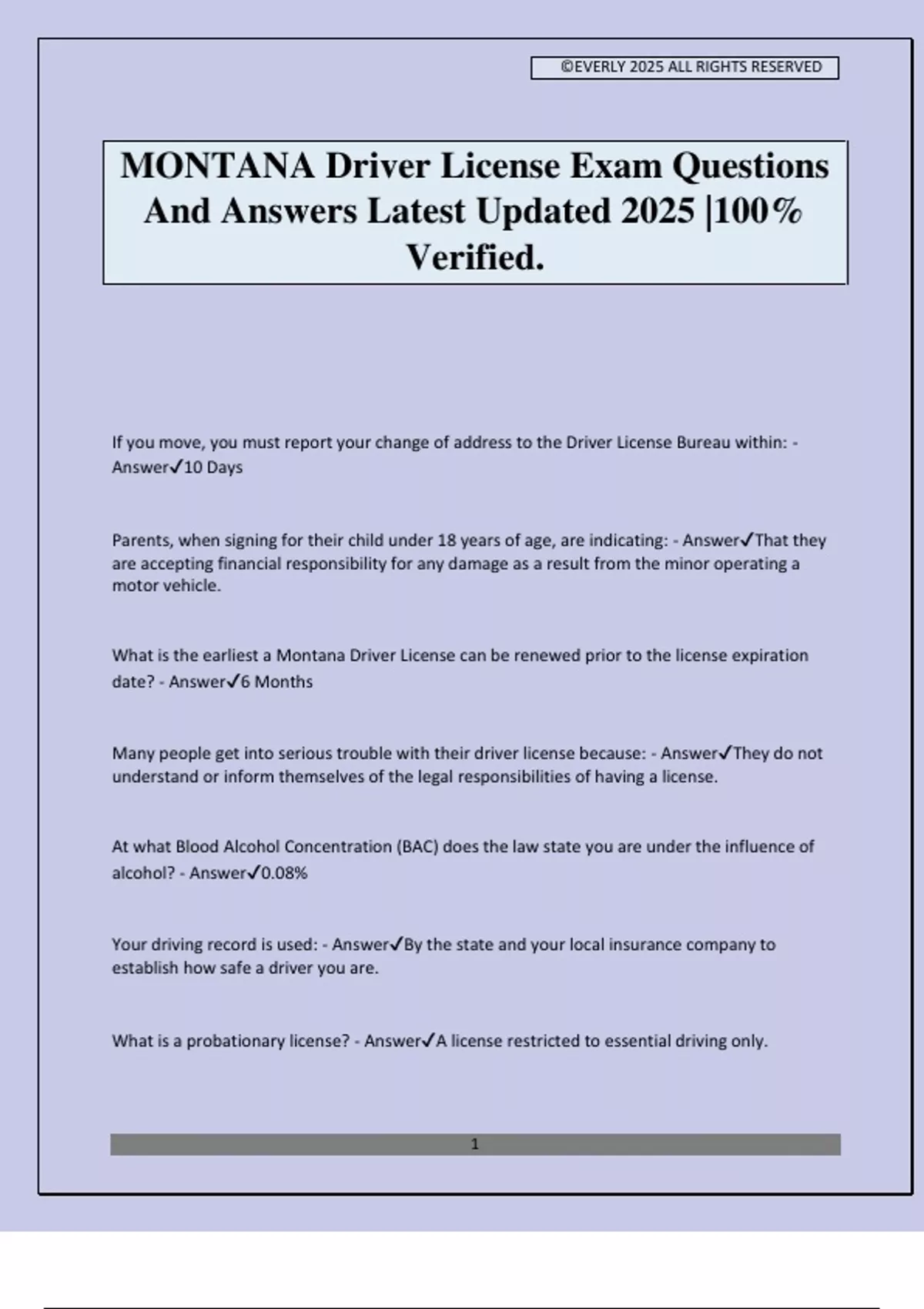 MONTANA Driver License Exam Questions And Answers Latest Updated 2025 ...