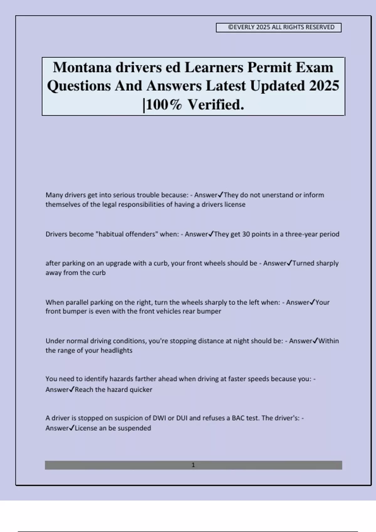 Montana drivers ed Learners Permit Exam Questions And Answers Latest ...
