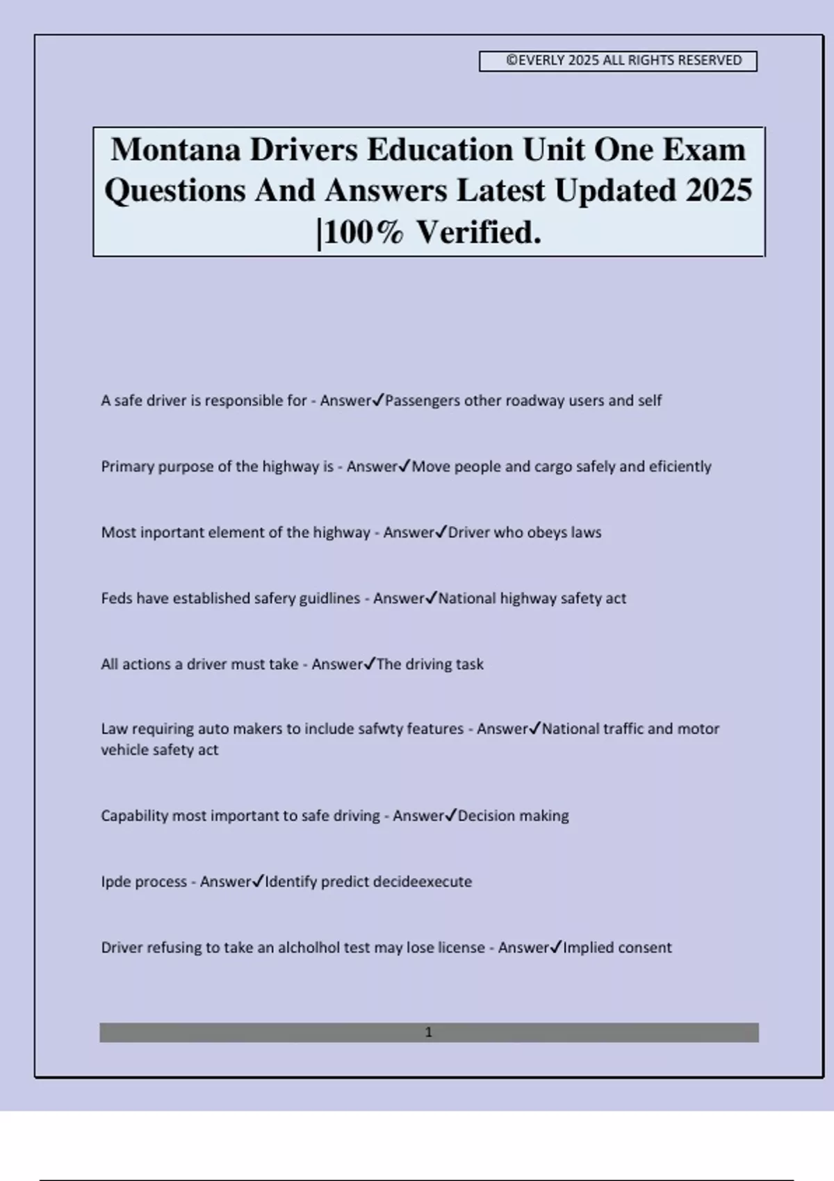 Montana Drivers Education Unit One Exam Questions And Answers Latest ...