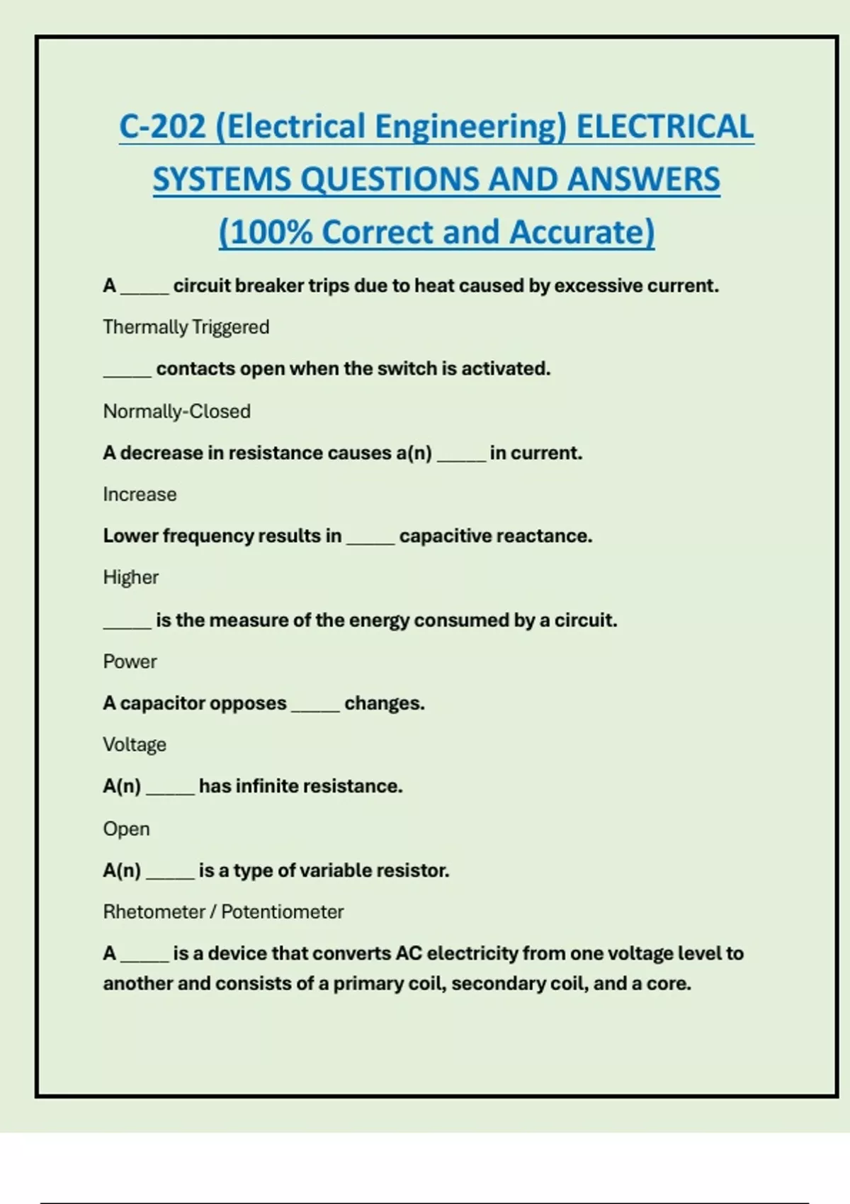 C-202 (Electrical Engineering) ELECTRICAL SYSTEMS QUESTIONS AND ANSWERS (100% Correct and ...