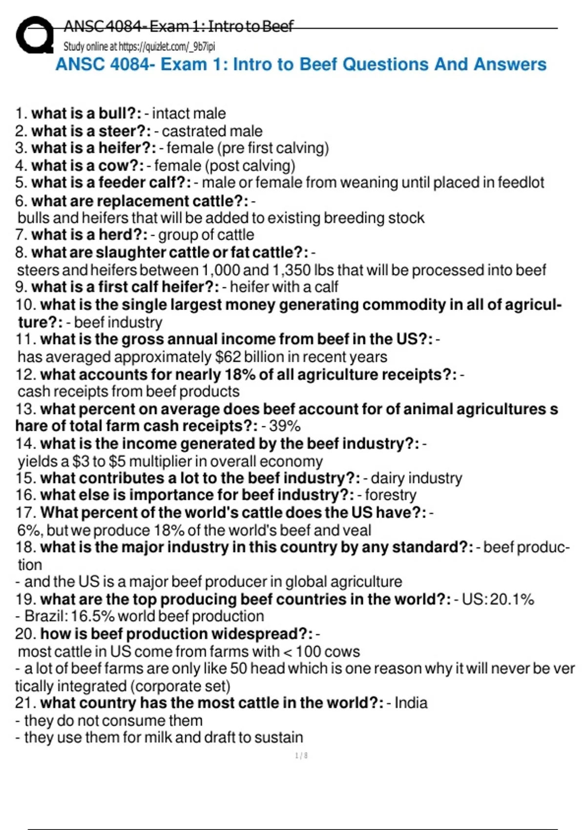 ANSC 4084- Exam 1: Intro to Beef Questions And Answers - ANSC 4084 ...