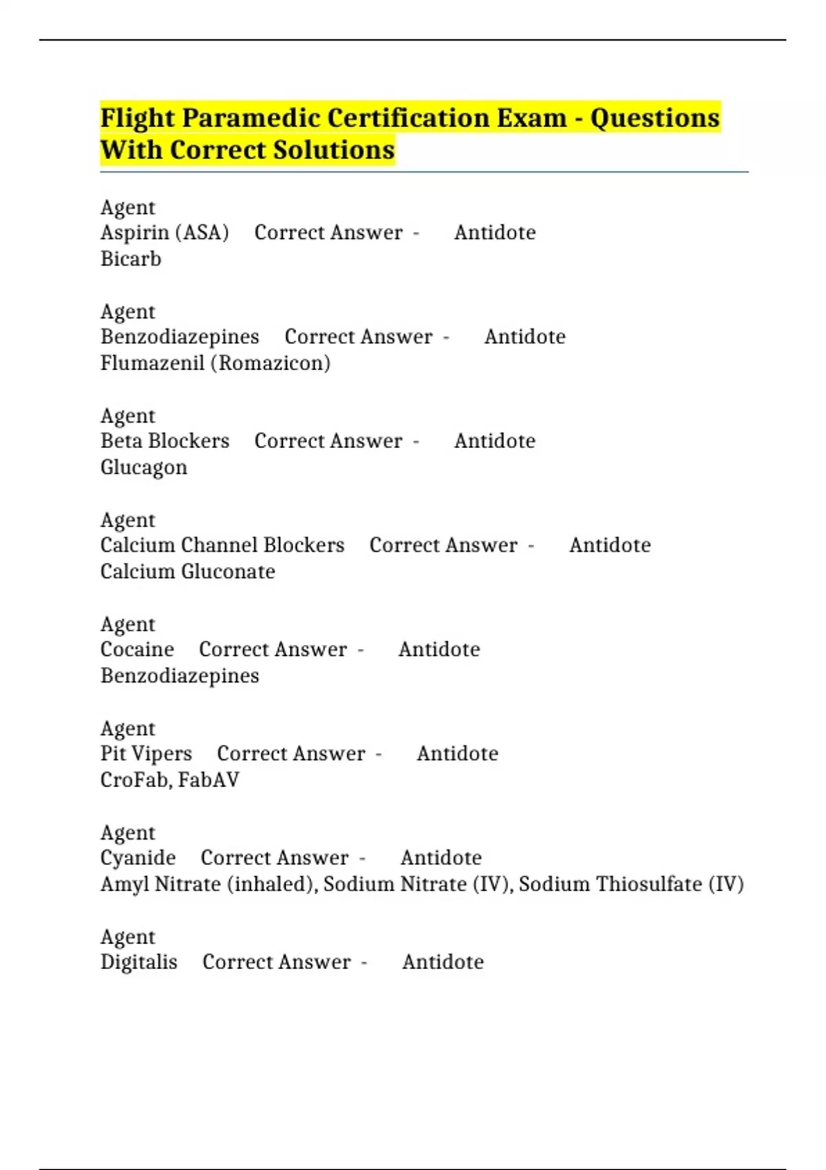 Flight Paramedic Certification Exam - Questions With Correct Solutions ...