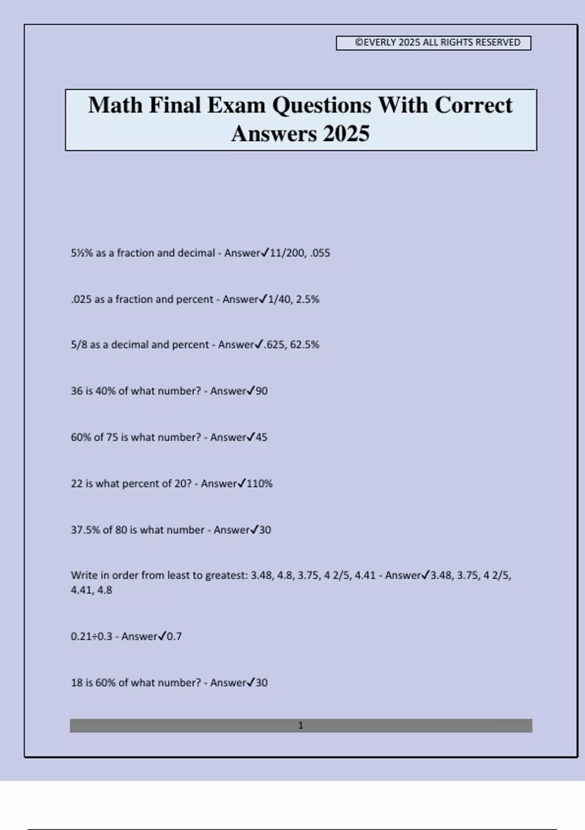 Math Final Exam Questions With Correct Answers 2025 - Math - Stuvia US