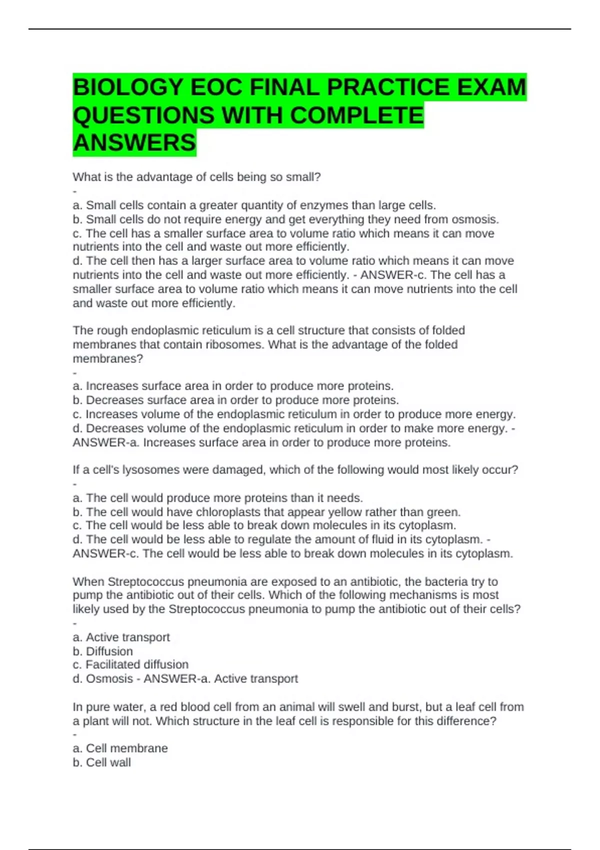 BIOLOGY EOC FINAL PRACTICE EXAM QUESTIONS WITH COMPLETE ANSWERS ...