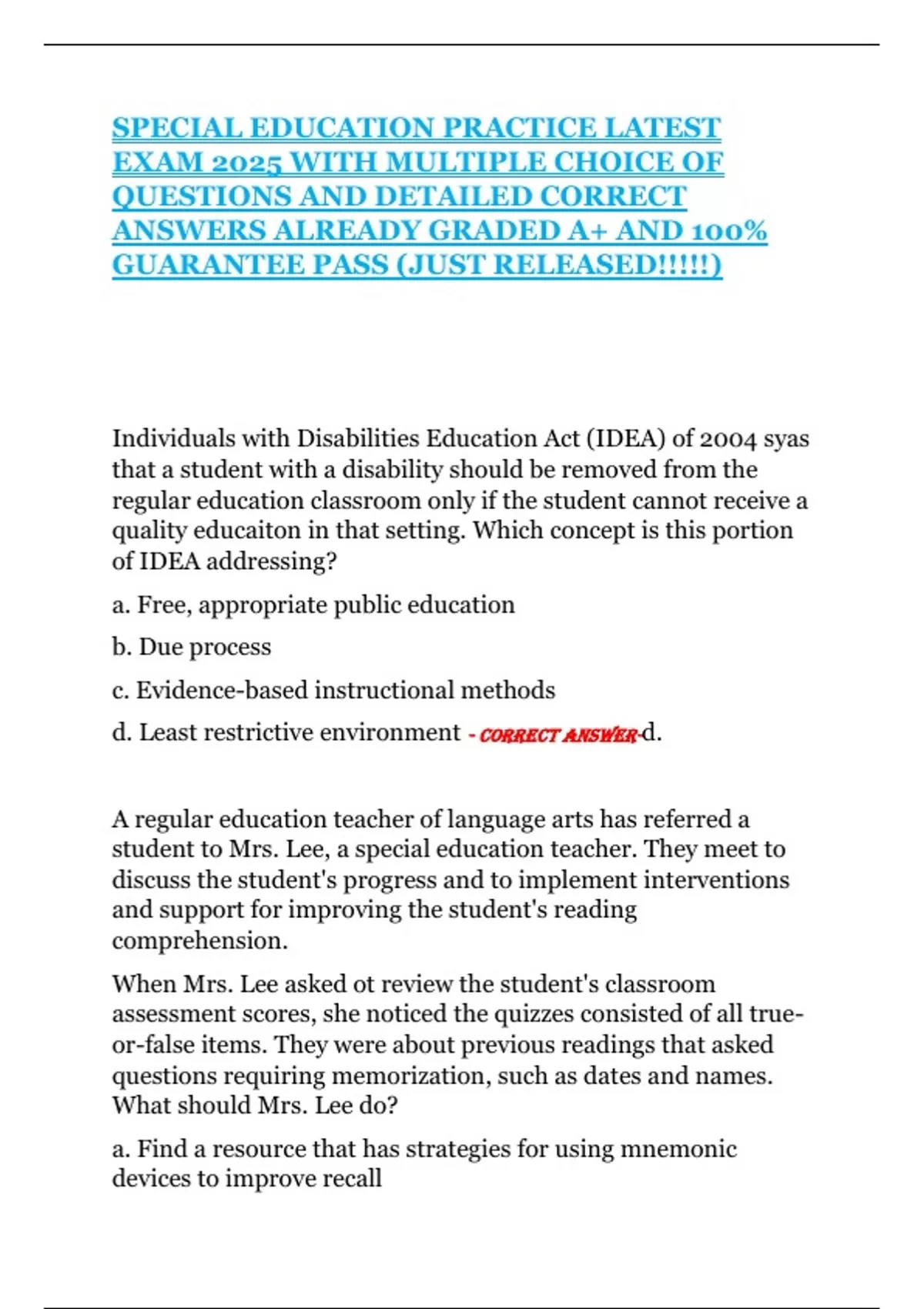 SPECIAL EDUCATION PRACTICE LATEST EXAM 2025 WITH MULTIPLE CHOICE OF ...