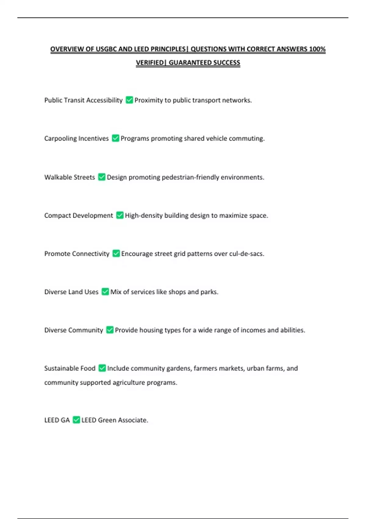 OVERVIEW OF USGBC AND LEED PRINCIPLES| QUESTIONS WITH CORRECT ANSWERS ...