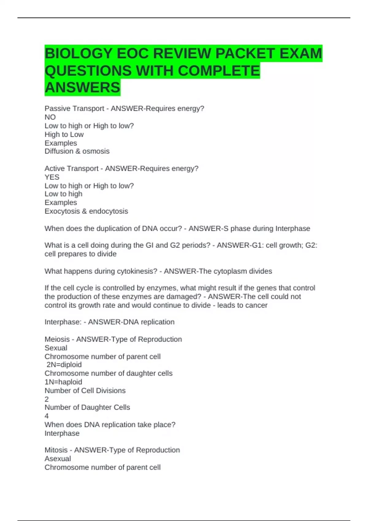 BIOLOGY EOC REVIEW PACKET EXAM QUESTIONS WITH COMPLETE ANSWERS ...