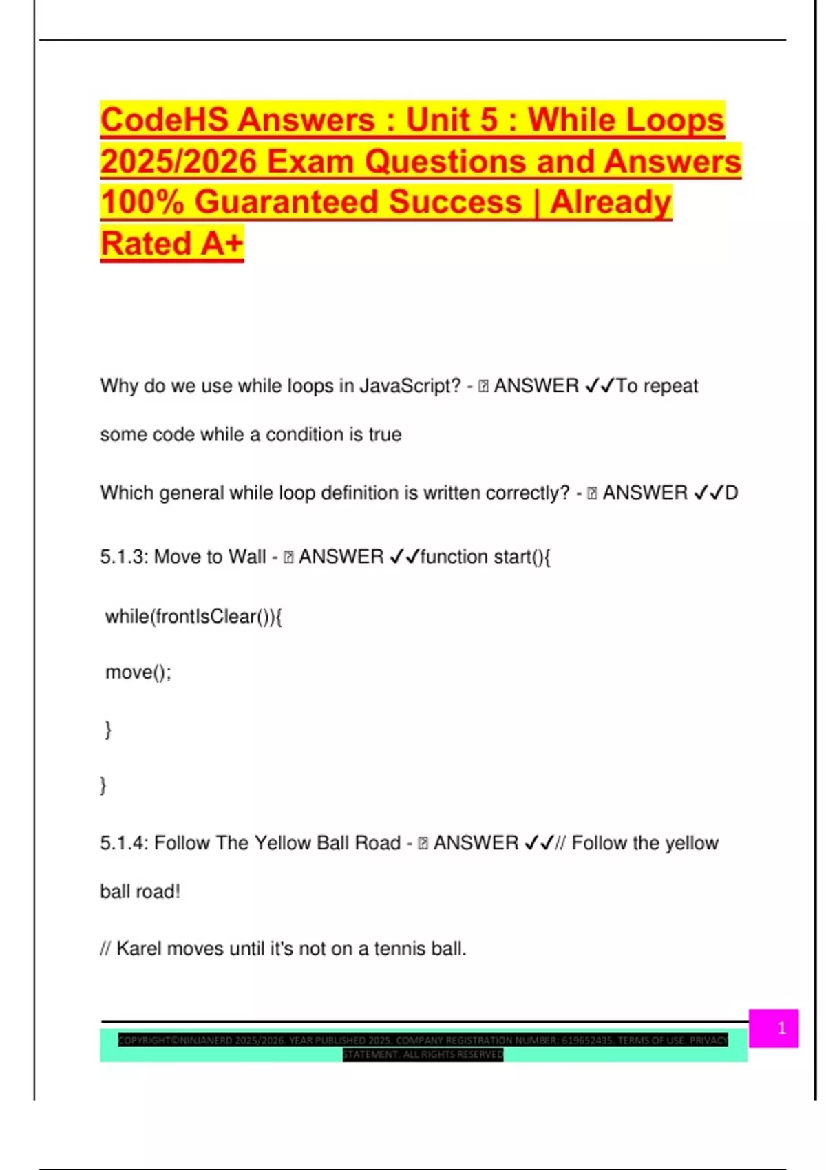 CodeHS Answers : Unit 5 : While Loops 2025/2026 Exam Questions and Answers 100% Guaranteed ...