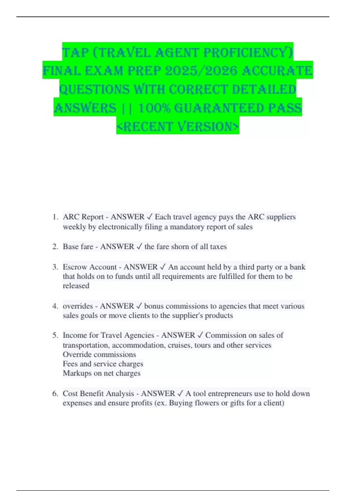 TAP (Travel Agent Proficiency) FINAL EXAM PREP 2025/2026 ACCURATE ...