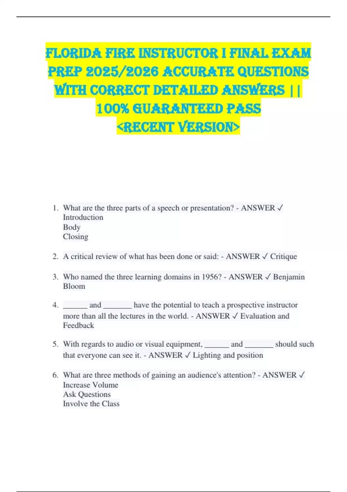 Florida Fire Instructor I FINAL EXAM PREP 2025/2026 ACCURATE QUESTIONS ...