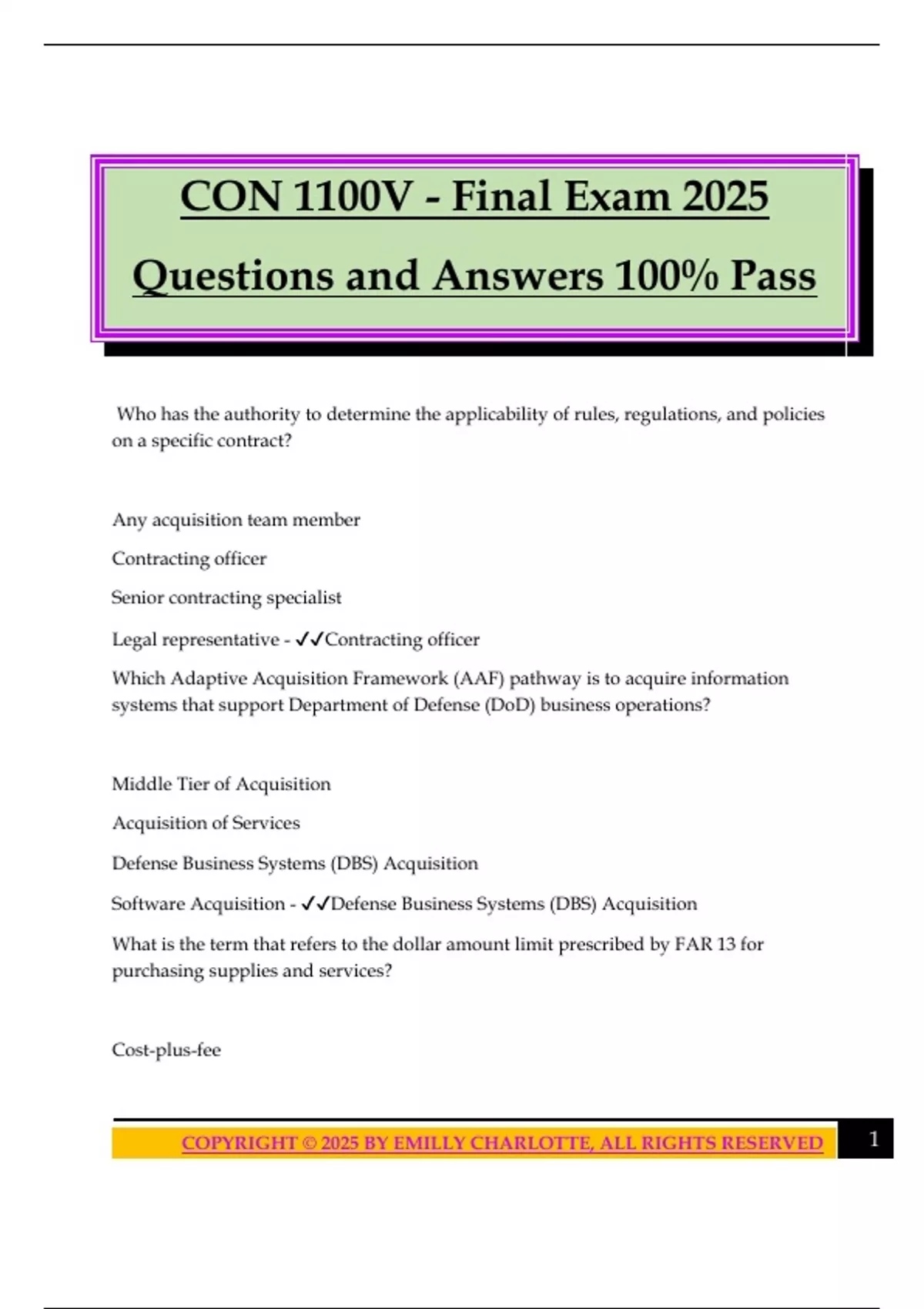 CON 1100V - Final Exam 2025 Questions and Answers 100% Pass - CON 1100 ...