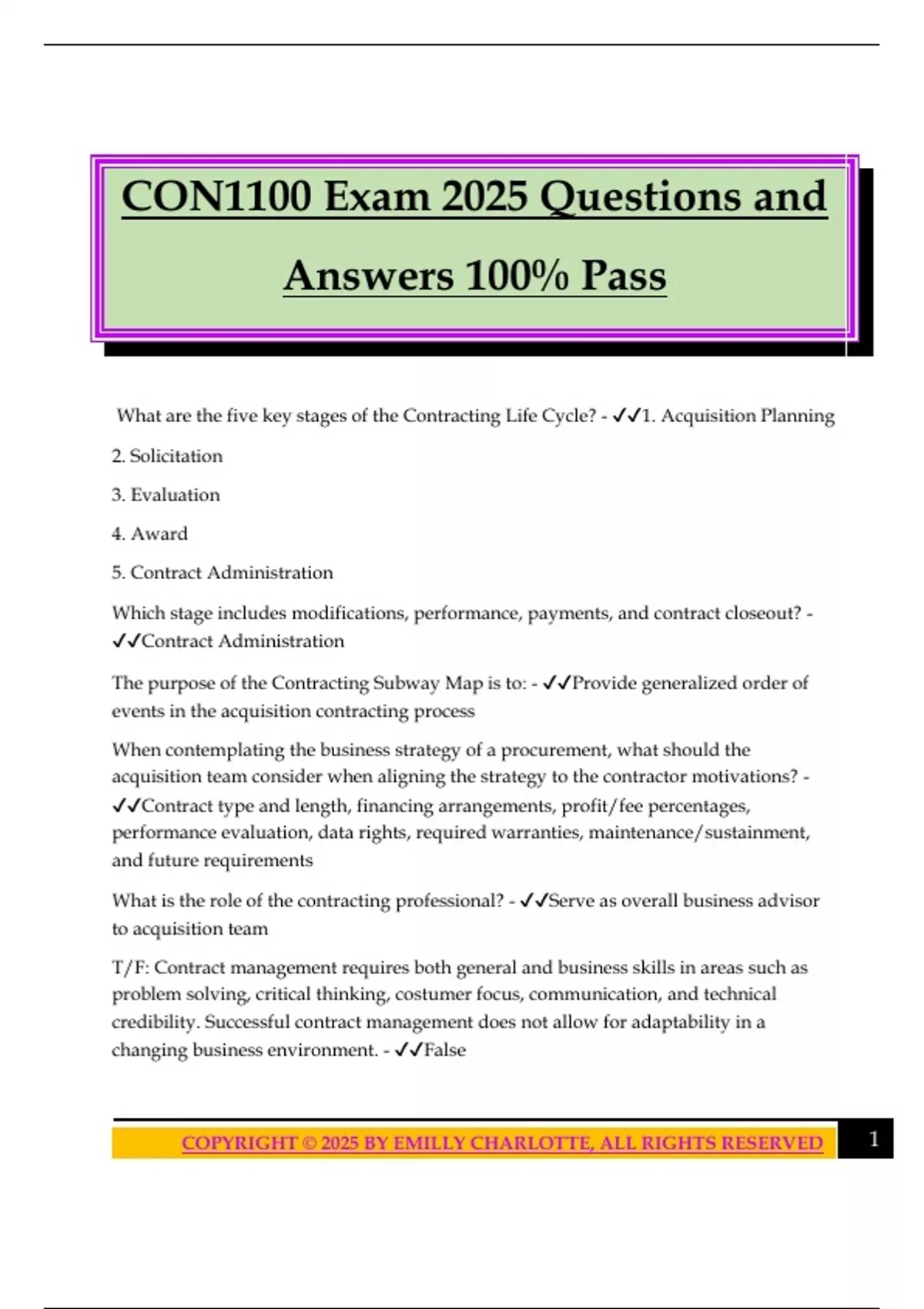 CON1100 Exam 2025 Questions and Answers 100% Pass - CON 1100 - Stuvia US
