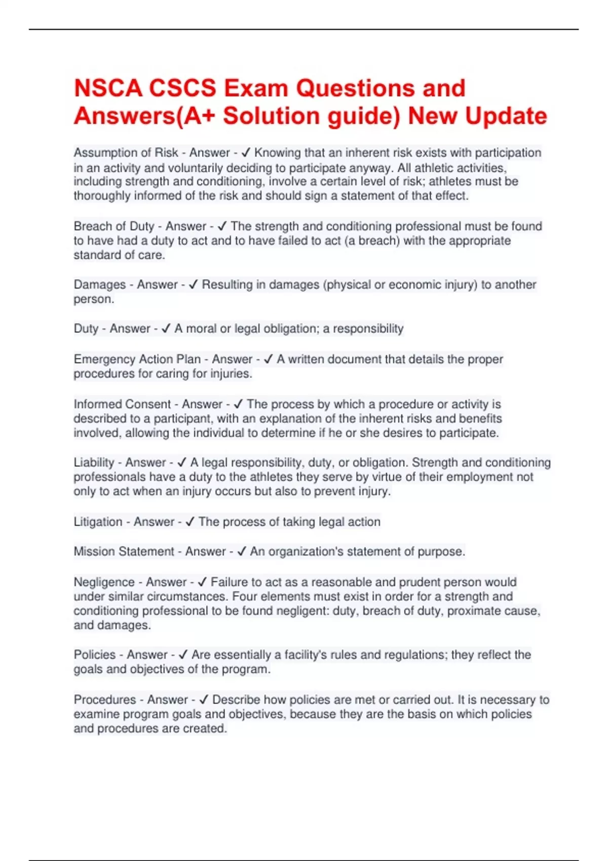 NSCA CSCS Exam Questions and Answers(A+ Solution guide) New Update - NSCA CSCS - Stuvia US