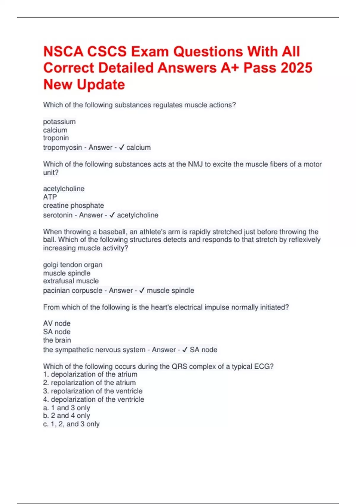 NSCA CSCS Exam Questions With All Correct Detailed Answers A+ Pass 2025 New Update - NSCA CSCS ...