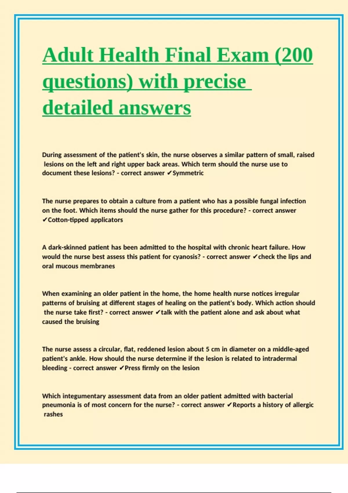 Adult Health Final Exam (200 questions) with precise detailed answers ...
