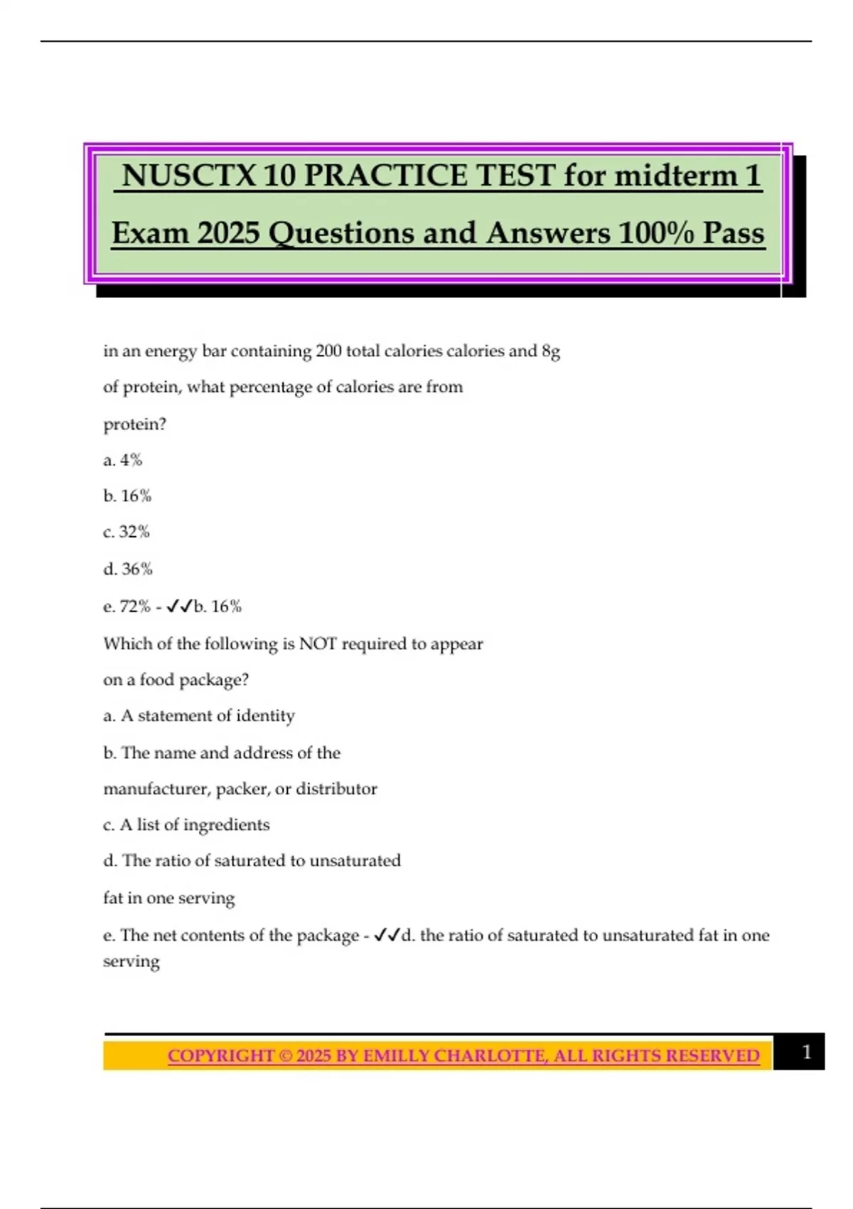 NUSCTX 10 PRACTICE TEST for midterm 1 Exam 2025 Questions and Answers ...