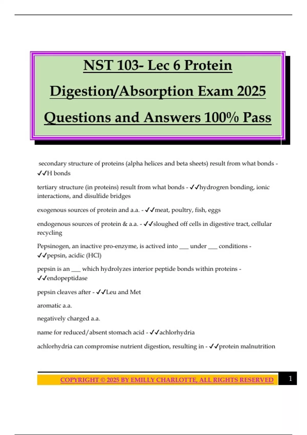 NST 103- Lec 6 Protein Digestion/Absorption Exam 2025 Questions and ...
