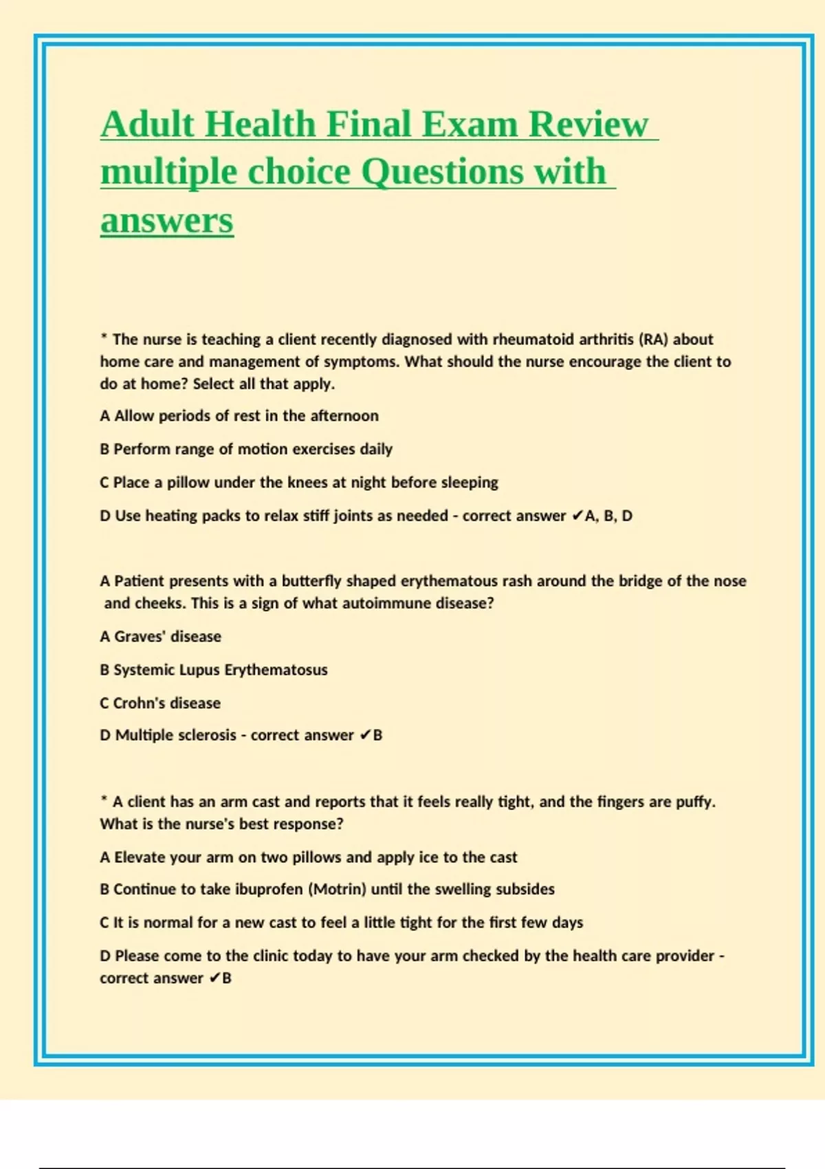 Adult Health Final Exam Review multiple choice Questions with answers - Adult health nursing ...