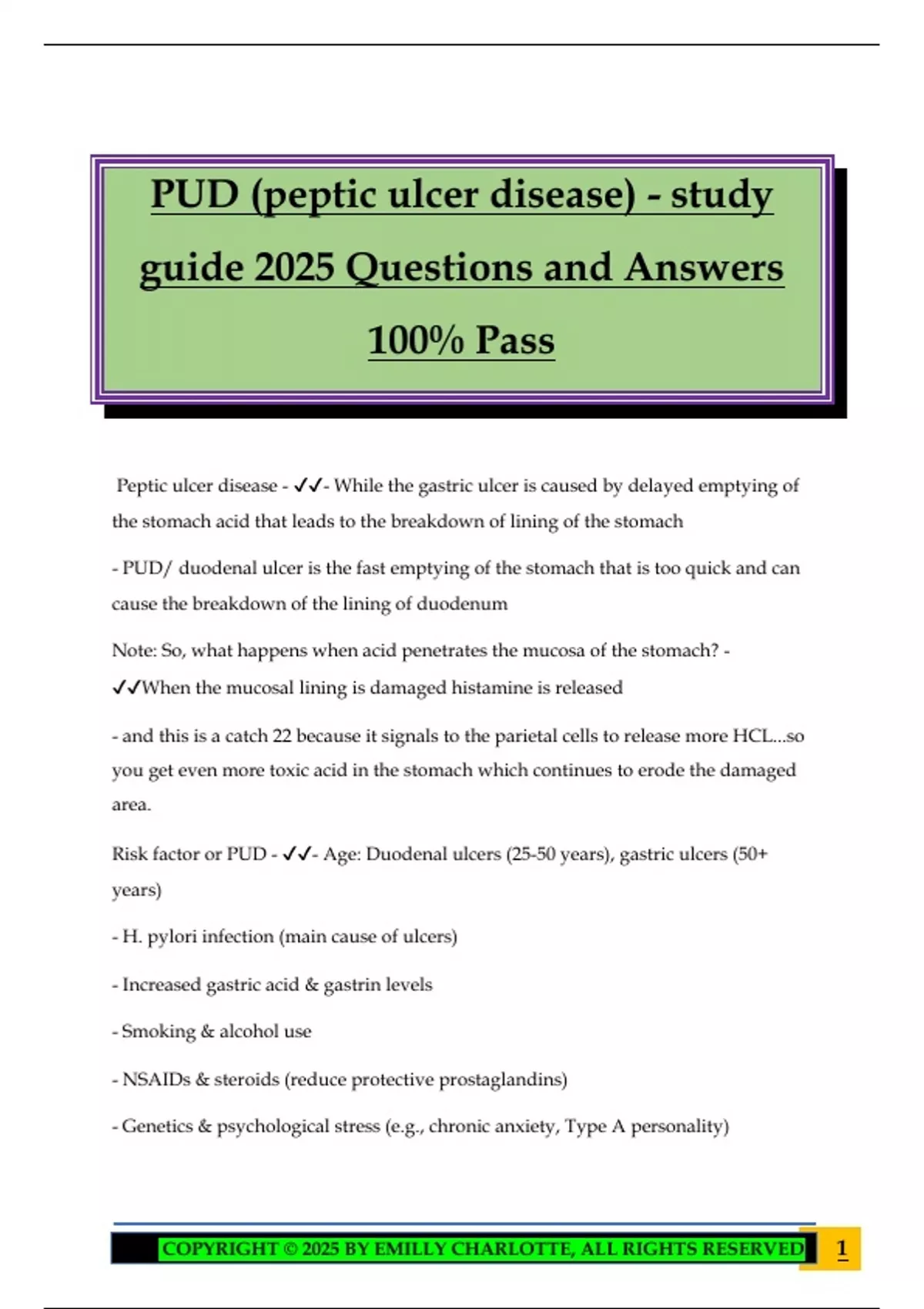 PUD (peptic ulcer disease) - study guide 2025 Questions and Answers 100 ...