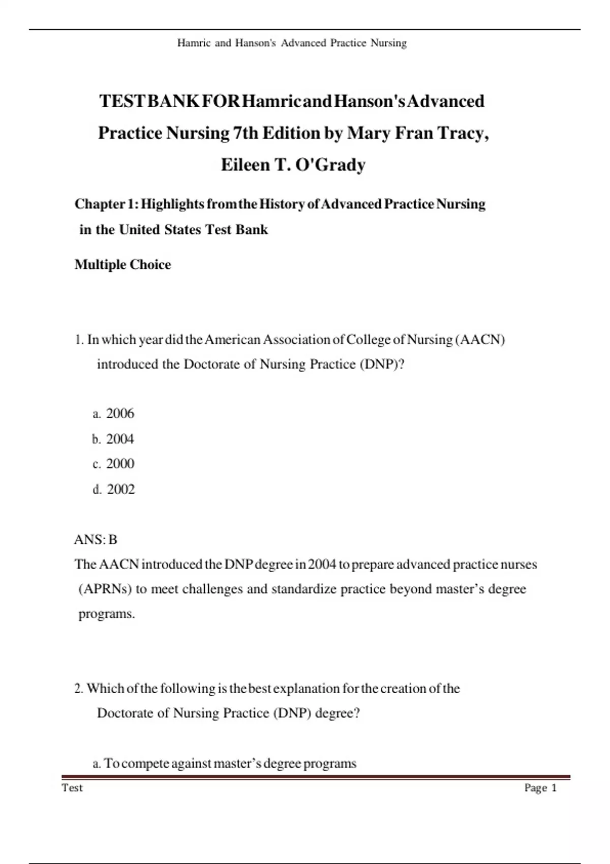 TEST BANK FOR Hamric and Hanson's Advanced Practice Nursing 7th Edition ...