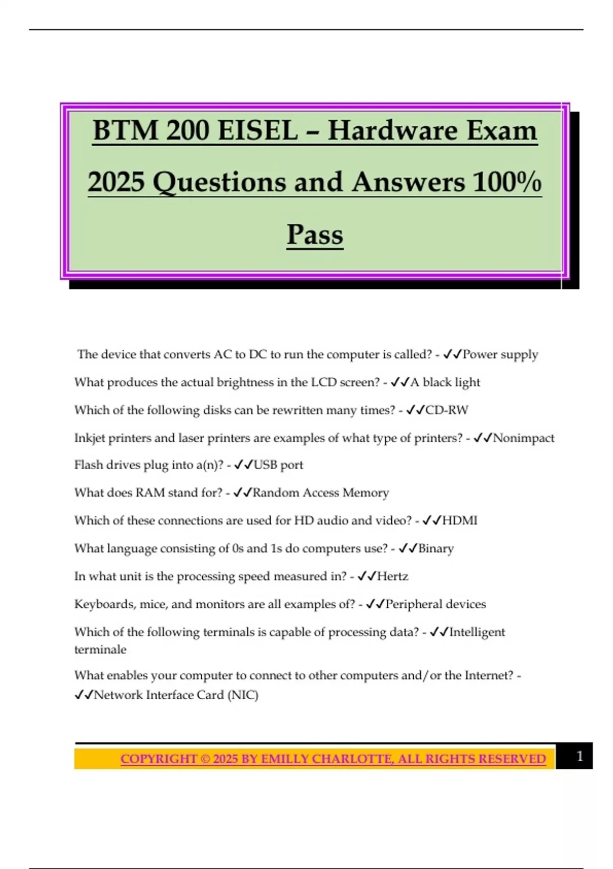 BTM 200 EISEL – Hardware Exam 2025 Questions and Answers 100% Pass - BTM - Stuvia US