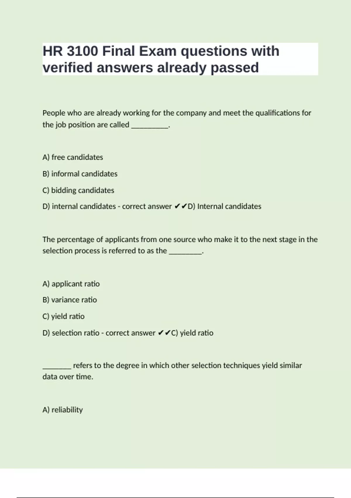 HR 3100 Final Exam questions with verified answers already passed - HR 3100 - Stuvia US